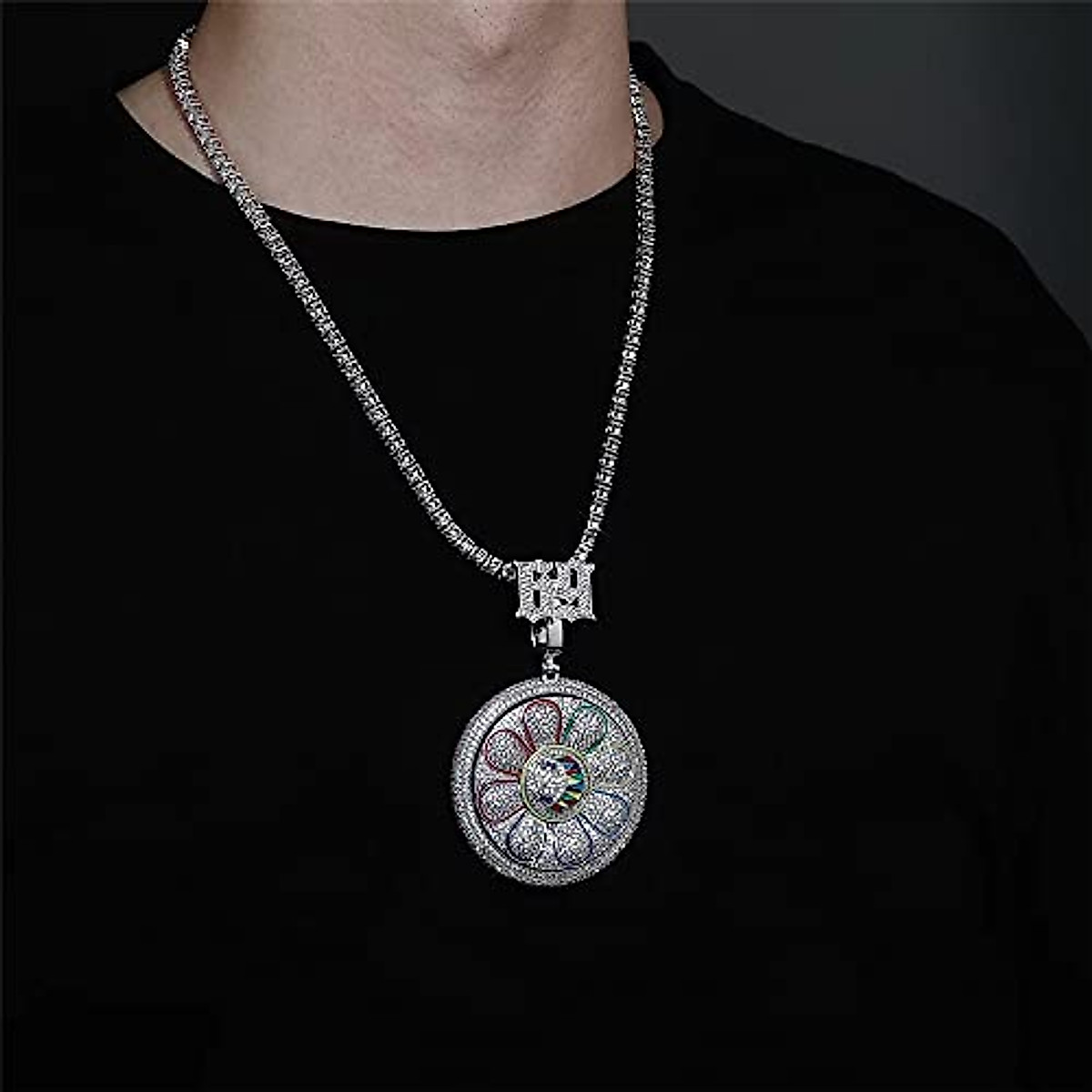 ICEDIAMOND 14K Full CZ Diamond Spin-Up Daisy Painted Rotating Pendant Crazy Chain Necklace, Gold Plated Iced Out Bling Zirconia Hip Hop Charm Jewelry for Men Women (White-Large)