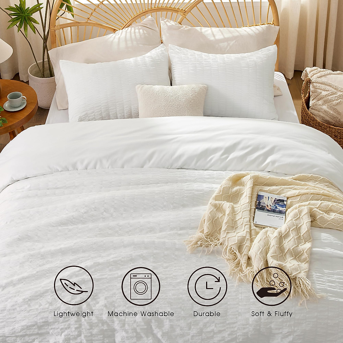 FreshCulture White Duvet Cover King, 3 Pieces Seersucker Duvet Cover Set for All Seasons, Textured Duvet Cover with Zipper Closure and Corner Ties, 1 Duvet Cover & 2 Pillow Shams
