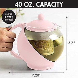 Primula Half Moon Teapot with Removable Infuser, Glass Tea Maker, Reusable, Fine Mesh Stainless Steel Filter, Dishwasher Safe, 40-Ounce, Pink