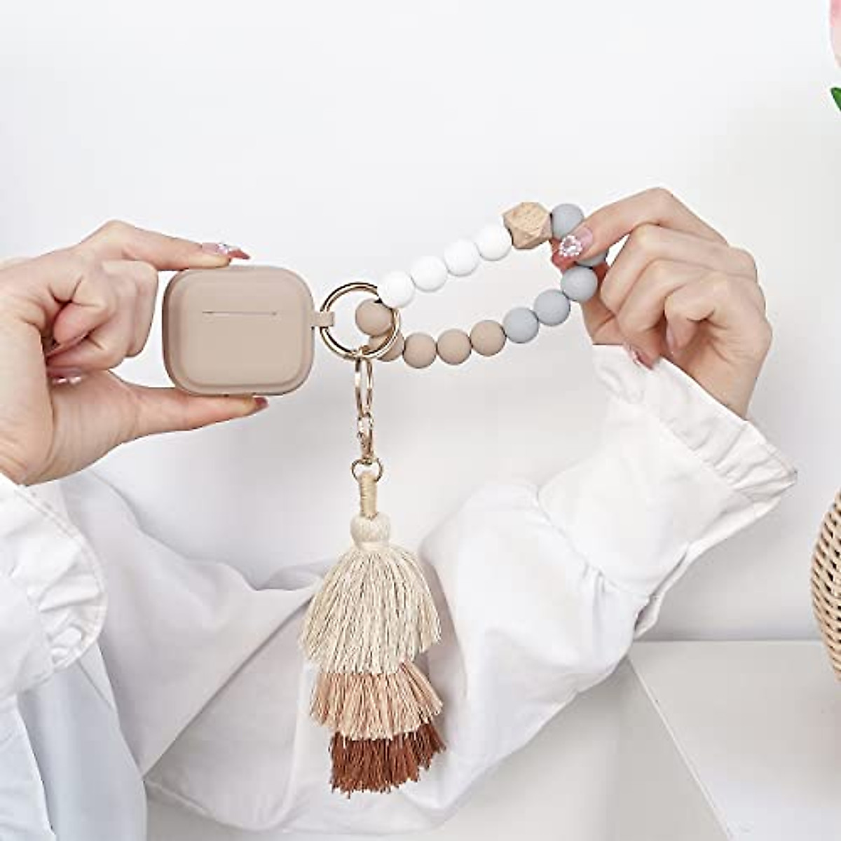 AirPod 3 Case,Gtinna Fashion Cute Stripe Airpods 3rd Case(2021),Soft Silicone Case for AirPod 3 Wireless Charging Case with Silicone Beaded Bracelet Tassel Charm Keychain Accessories (Khaki)