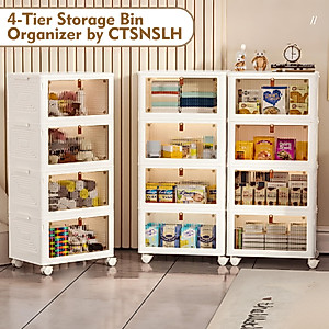 4 Tier Stackable Storage Bins with Lids, 23Qt Plastic Storage Containers with Magnetic Doors & Wheels, Convenient Storage Bins Closet Organizers, Household Organization for Home, Party, Office, Dorm