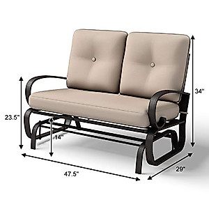 Giantex Outdoor Glider Bench, Patio 2 Person Loveseat with Removable Cushion, Thick Padded Seat, Stable Steel Frame, Outside Glider Swing Chair for Deck, Poolside, Yard, Balcony, Porch Glider(Beige)