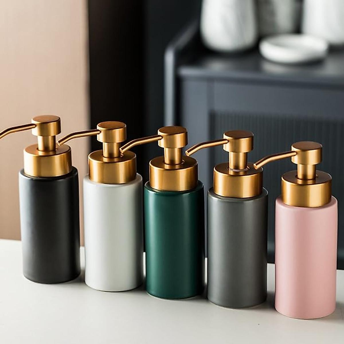 Ceramic Foaming Hand Soap Dispenser for Bathroom, Elegant Matte Bottle with Golden Pump (Black)