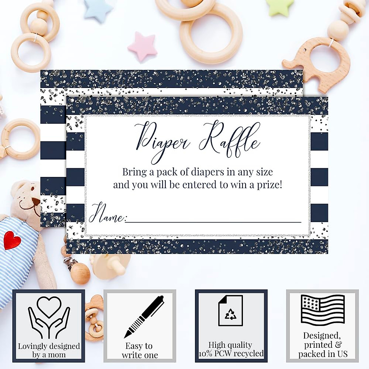 Beautiful Striped Navy & Silver Diaper Raffle Tickets for Boy Baby Showers, 20 2" X 3” Double Sided Insert Cards for Games by AmandaCreation, Bring a Pack of Diapers to Win Favors & Prizes!