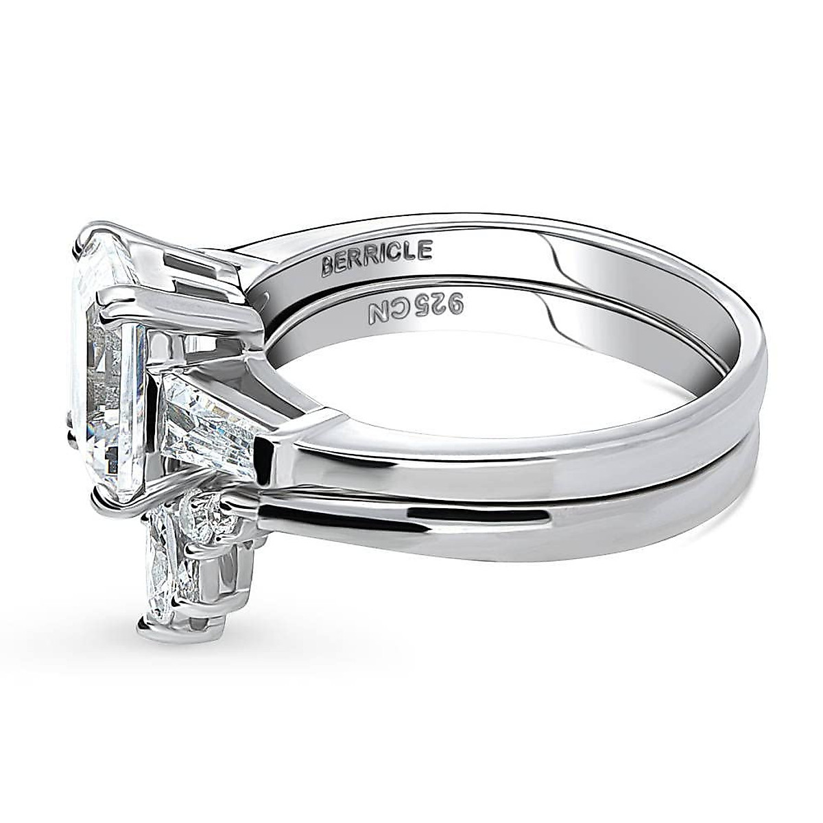 BERRICLE Sterling Silver 3-Stone Wedding Engagement Rings Emerald Cut Cubic Zirconia CZ 7-Stone Ring Set for Women, Rhodium Plated Size 6