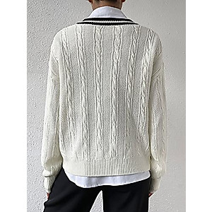 Verdusa Women's V Neck Striped Drop Shoulder Long Sleeve Sweater Knit Tops Pullover White Medium