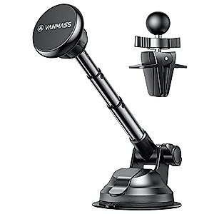VANMASS Magnetic Car Phone Holder, [Super Strong Magets & Ultra Stable] Suction Cup Phone Holder Aluminium Alloy Structure, Handsfree Dashboard Window Car Mount Compatible with All Phones