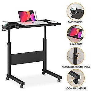 Klvied Standing Desk Adjustable Height, Stand Up Desk with Cup Holder, Portable Laptop Desk, Mobile Standing Desk, Small Computer Desk, Bedside Table, Black Rolling Desk, Work Desk for Home Office