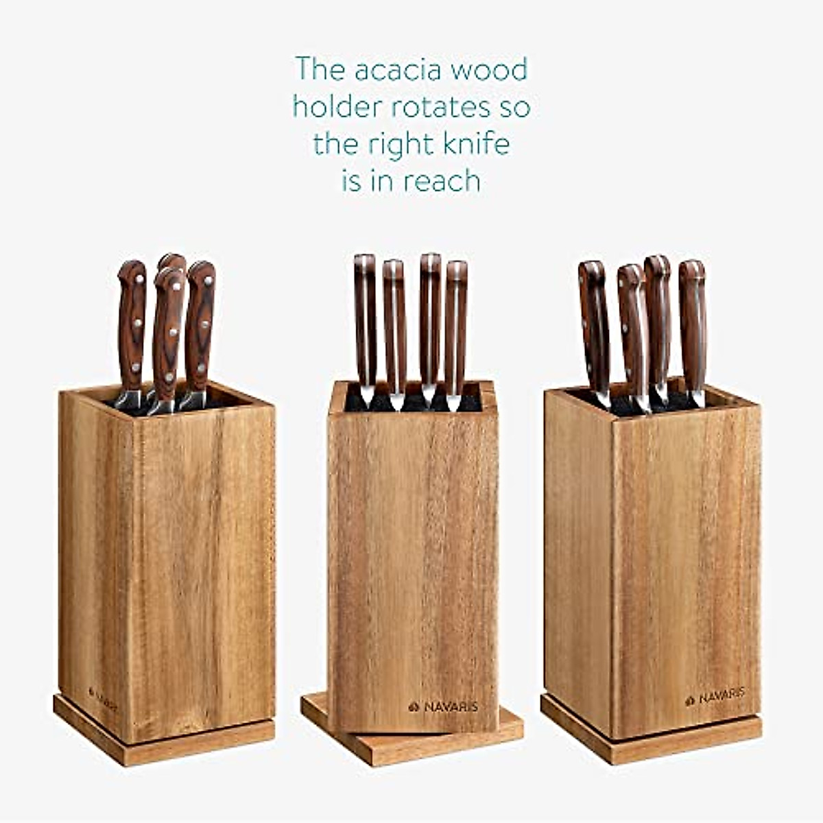 Navaris Rotating Wood Knife Block - Magnetic Universal Holder without Knives - Kitchen Storage with Plastic Bristles and Magnetic Sides - Acacia