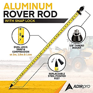 AdirPro 3-Position Snap-Lock Rover Rod – 2m Aluminum GPS Pole – 1 Piece Design with Outer GT Graduations for Land Surveying & Engineering - RTK GPS/GNSS Accessory (Yellow)