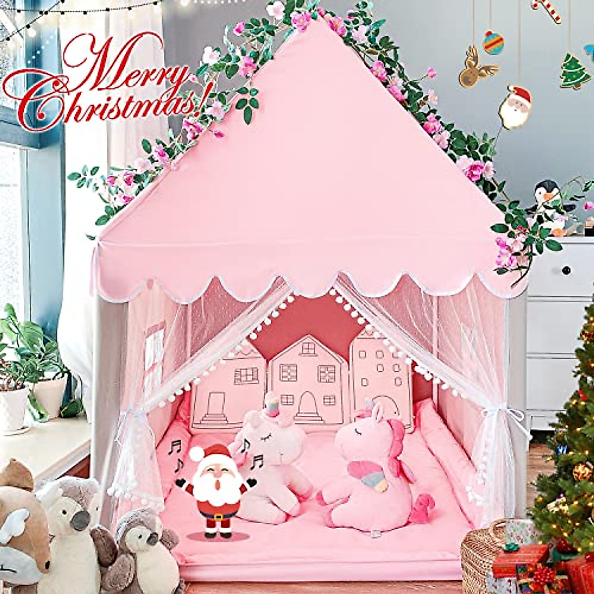 Kids Play Tent for Girls, Toddler Tent Princess Castle Pink Tent Large Playhouse Tent Indoor Fairy Tent with Star Lights