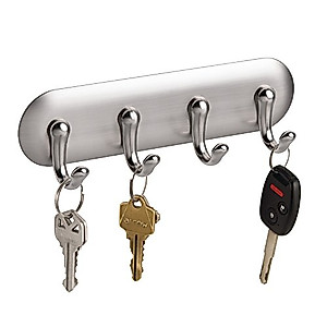 iDesign York Adhesive Backed Key Holder for Wall, 1.5" x 7" x 5.5", Brushed Stainless Steel