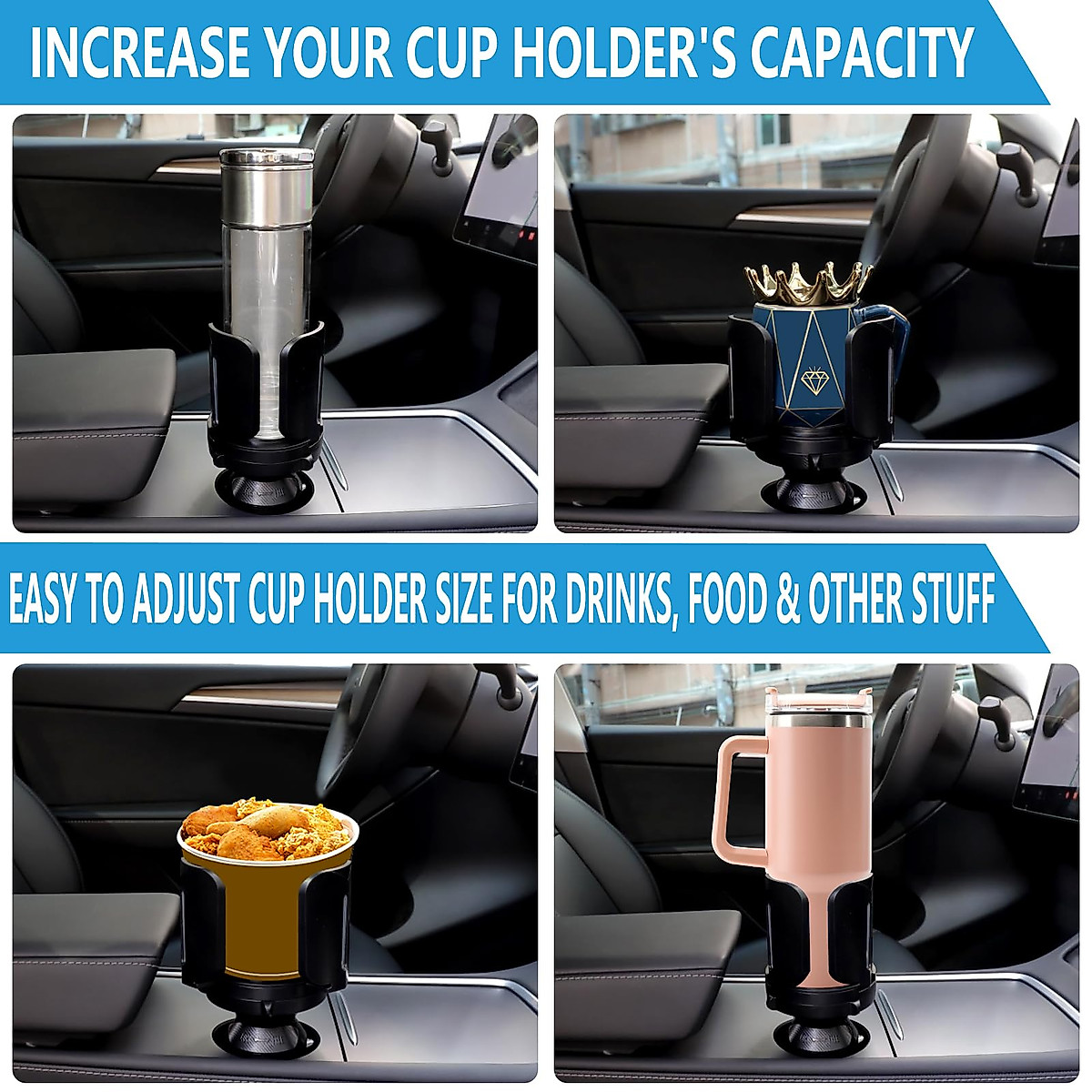 Cup Holder Expander for Car with Adjustable Holder & Base, Compatible with 10-64oz Yeti Ramblers, Stanley, Hydro Flask, Nalgene, Hold 2.9"-5.5" Large Bottles Mugs Food Drink, Car Cup Holder