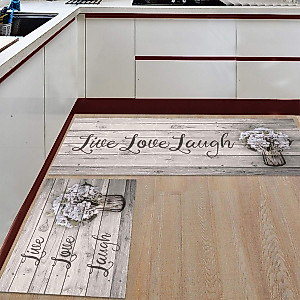 Infinidesign 2 Piece Kitchen Mat Non-Slip Floor Mat Super Soft Indoor Rugs Bathroom Runner Rug Set Carpet,Live Love Laugh Vintage Hydrangea Flowers on Wooden Plank (15.7"x23.6"+15.7"x47.2" inches)