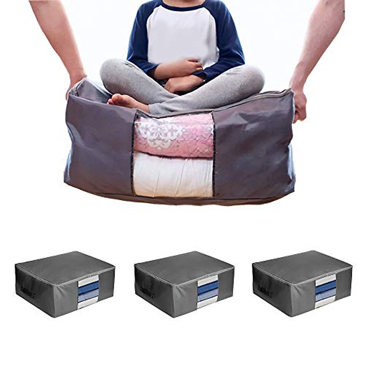 EZCASA Premium Large Capacity Storage Bag – Foldable Closet&Clothes&Blanket Organizer – Reinforced Handles with Durable Handles – For Comforter & Bedding (LARGE 55L)