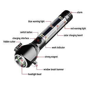 Serjur 8 in 1 Multi Function Flash Light,USB Rechargeable Solar Powered Flashlight with Glass Breaker,Seatbelt Cutter,Alarm and Phone Charger, Car LED Tactical Flashlight for Emergencies