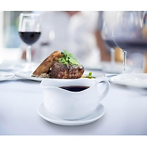 HIC Hotel Gravy Sauce Boat with Saucer Stand, Fine White Porcelain, 24-Ounces