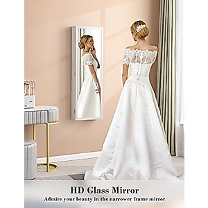 Nicetree 6 LEDs Mirror Jewelry Cabinet with 3 Improvements, 4.2" D Lockable Mirror with Jewelry Storage, Door/Wall Mounted Jewelry Organizer Mirror, Larger Capacity, White