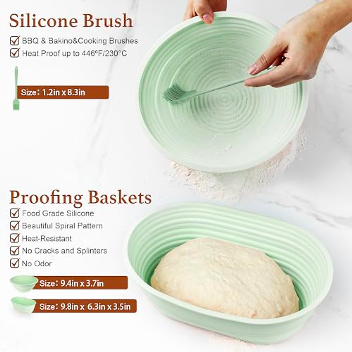 MaMix Banneton Bread Proofing Basket Set of 2, Silicone Sourdough Bread Baking Supplies, 9 inch Round & 10 Oval Sourdough Starter Kit Includes Essential Tools, Easy to Clean and Use (Green)