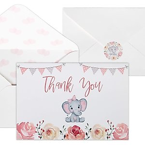 VNS Creations 50 Baby shower thank you cards with envelopes - Baby Shower Thank You Cards - Baby Shower Cards - Elephant Baby Shower Thank You Cards - Baby Girl Shower Card with Envelopes & Stickers