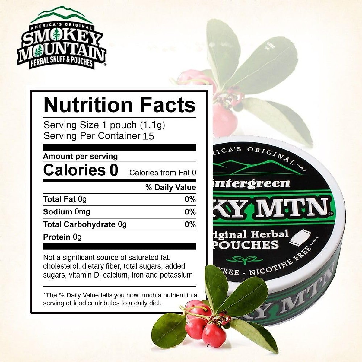 Smokey Mountain Original Pouches - Wintergreen - Tobacco Free and Nicotine Free - 1 Can - 20 Per Can