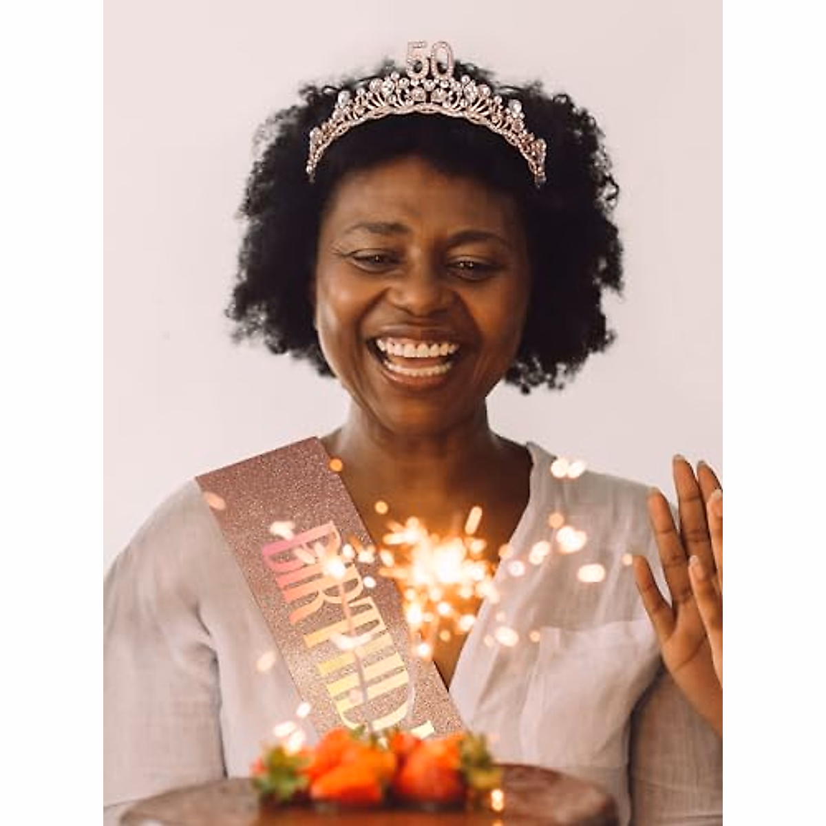 SWEETV 50th Birthday Crown Tiara Sash for Women Rose Gold Birthday Queen Sash and Tiara Crown Set Rhinestone Princess Headband for Birth Day Party Photograph, for Ages 15+