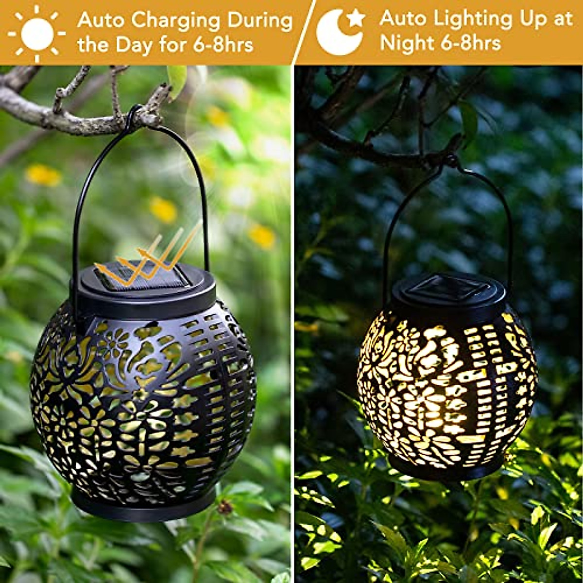 Solar Lantern Outdoor, 2 Pack Solar Hanging Lantern Lights with Shepherd Hooks, Solar Powered Lantern Waterproof with Handle, Christmas Decorative LED Garden Lights for Patio Courtyard Table Pathway