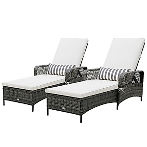HAPPYGRILL 2PCS Patio Rattan Chaise Lounge, Outdoor PE Wicker Sun Lounger with Adjustable Backrest, Removable Cushion & Pillow, Reclining Chaise Lounge Sunbed for Balcony Poolside Yard