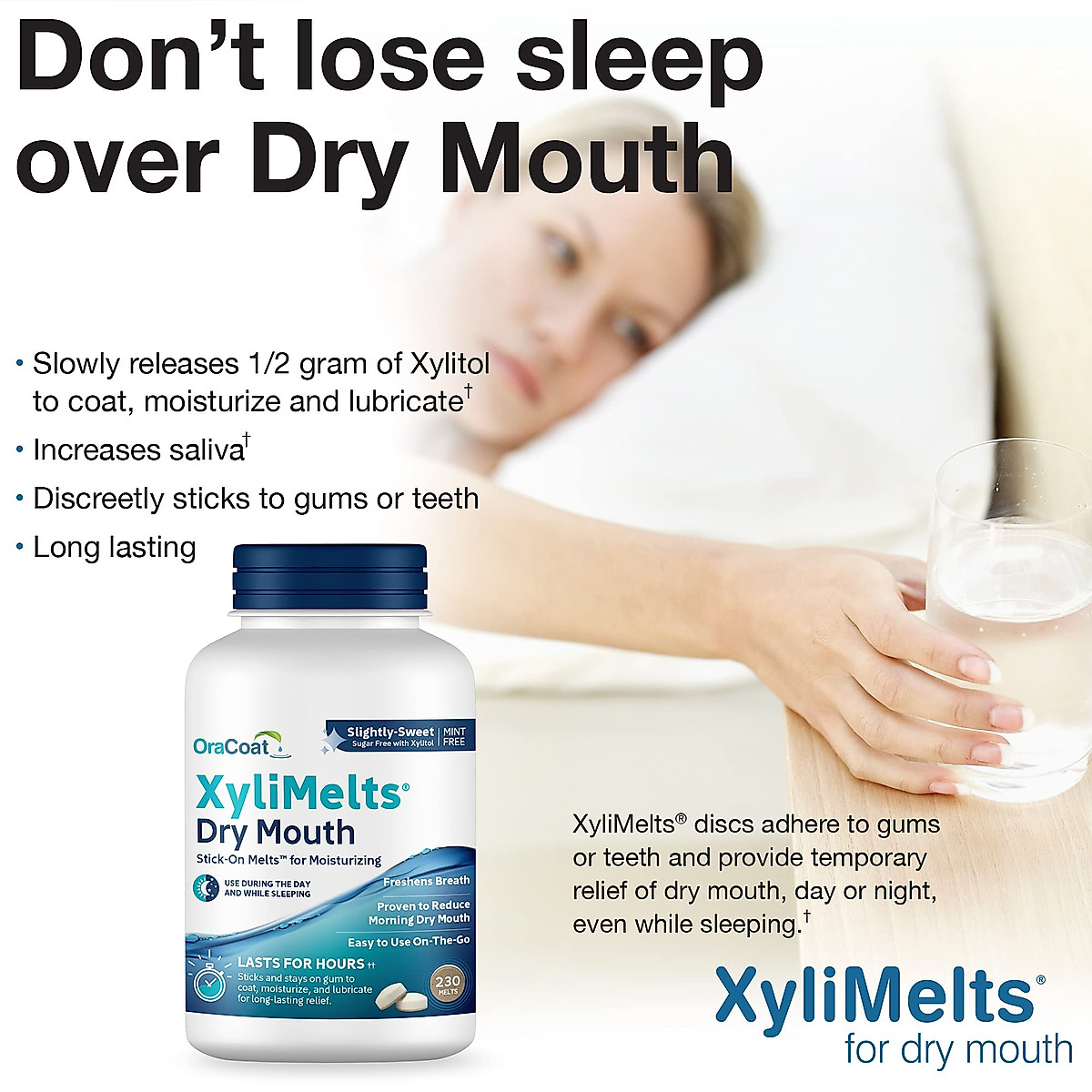 Oracoat XyliMelts Dry Mouth Relief Moisturizing Stick-On-Melts w/Xylitol, 230 Count, Slightly Sweet, Helps Stimulates Saliva for Dry Mouth, Non-Acidic