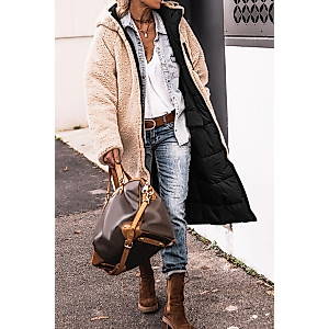 Thatrich Long Puffer Coat Women with Hood Reversible Jackets Long Sleeve Fuzzy Fleece Jacket Winter Warm Down Coat Outerwear