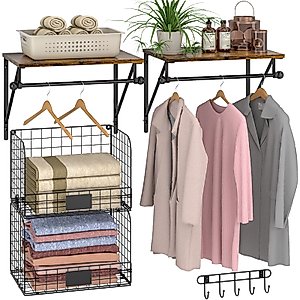 Laundry Room Shelves Wall Mounted with Wire Baskets, Over the Washer and Dryer Shelf with Clothes Drying Rack, Wire Shelves Baskets for Laundry Closet Organization and Storage, Wood+Metal, Black