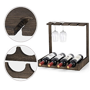 NANANARDOSO Wine Rack, Rustic Wood Wine Storage Shelf with Glass Holder Tabletop Wine Bottle Holder Organizer for Kitchen Cabinet Pantry (Rustic Brown, 4-Slot)