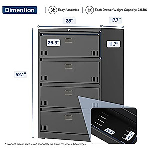 kingwolfox 4 Drawer Lateral File Cabinet with Lock, Locking lateral Filing Cabinet for Office Metal Steel File Drawers Cabinet, Lockable Horizontal File Cabinet for for Legal/Letter A4/F4 Size