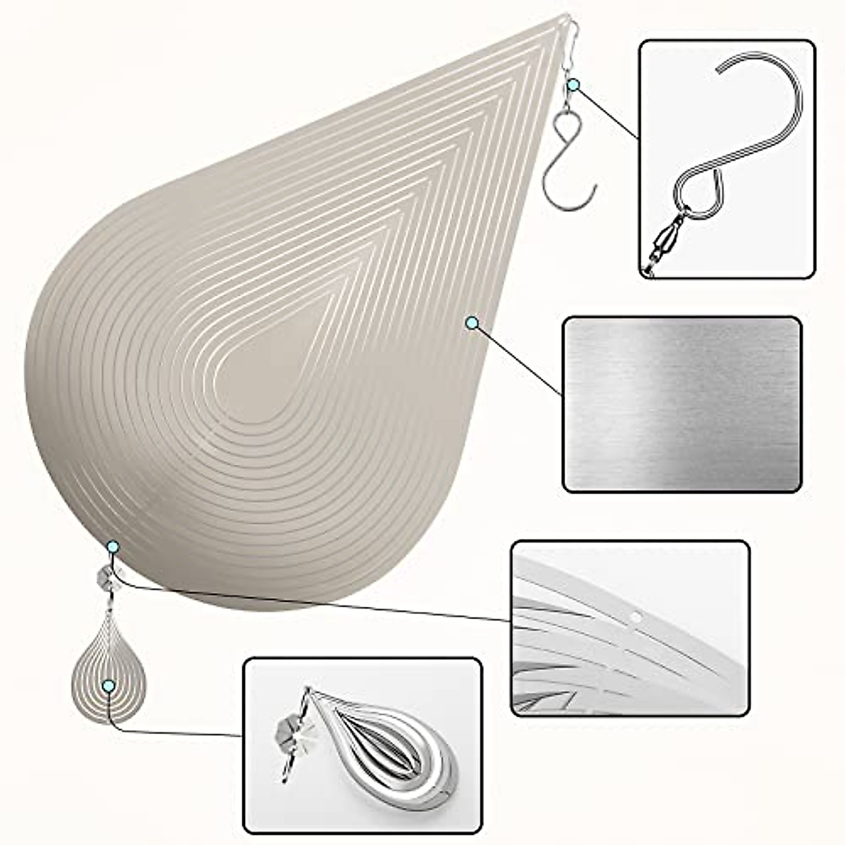 Tsocent Wind Spinners, 2 Pack 12in 3D Stainless Steel Outdoor Hanging Wind Spinner with 2X Water Drop Pendant and 3X 360° Rotating Hook, Reflective Decor for Outside Yard and Garden (2 Pack)