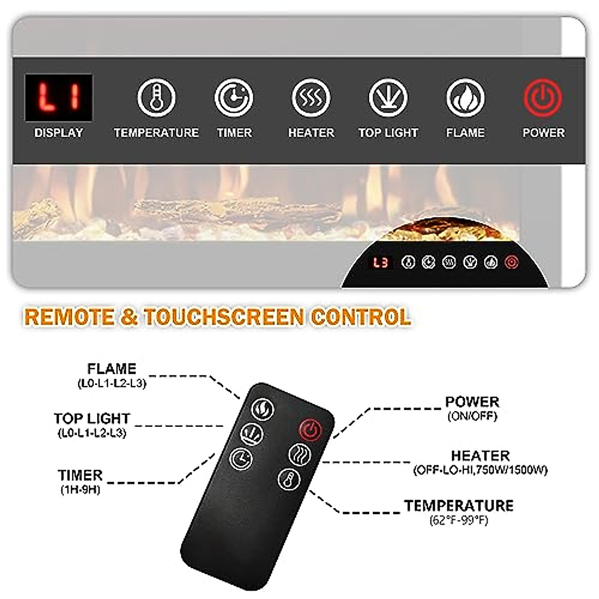 Mystflame 60 inch Electric Fireplace, Recessed and Wall Mounted Slim Electric Fireplace, 750/1500 Watt Heater Fireplace, Log & Crystal Hearth, Adjustable Realistic Flame, Remote Control & Touch Screen
