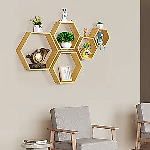 Hexagon Shelves Wall Floating Hexagonal Shelves Set of 5 Honeycomb Bamboo Shelves Floating Storage Display Shelves for Wall Decor Honey Comb Shelf Farmhouse Hexagon Rack in Living Room Bedroom Study