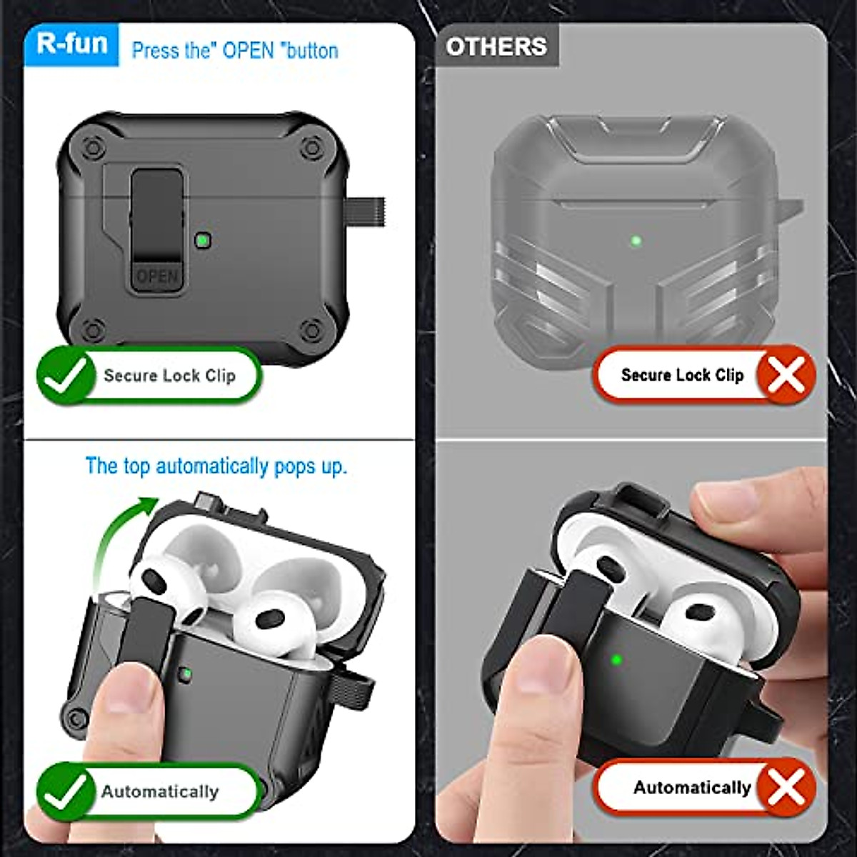 R-fun Airpods 3rd Generation Case with Automatic Secure Lock Clip, Hard Shell Full-Body Protective Airpods 3 Case 2021 for Women Men,Compatible with Apple Airpods 3rd Generation 2021,Black