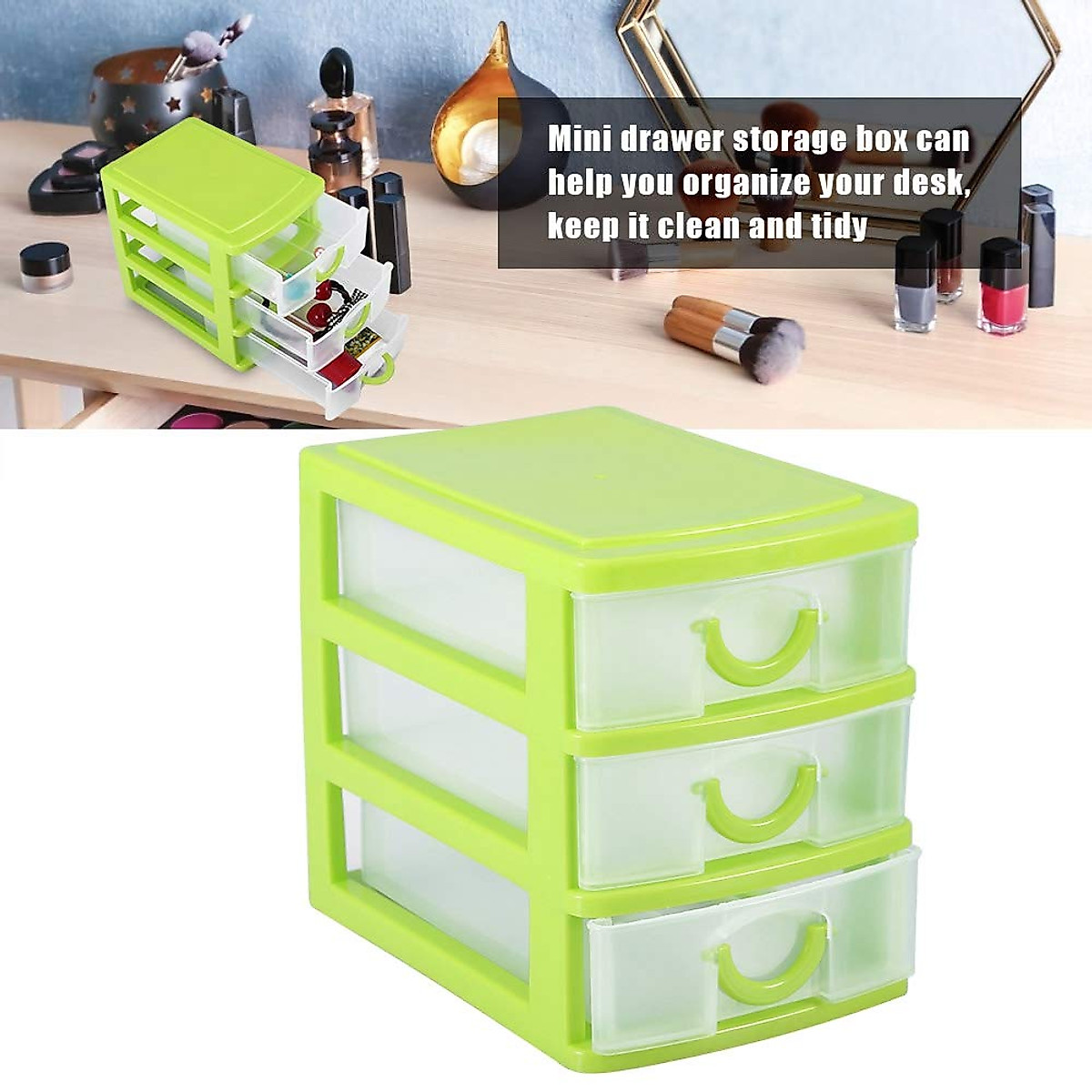 White 3 Drawer Plastic Storage,Mini Drawer Organizer, Plastic Jewelry Makeup Storage Box with Adjustable Detachable Dividers for Small Accessories (3 Layers Green)