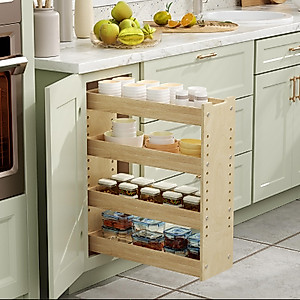 LOVMOR Adjustable Pull Out Cabinet Organizer 7½” W x 24½”H 4-Tier Narrow Cabinet Drawers Slide Out with Soft Close Wood Spice Rack for Narrow Cabinet