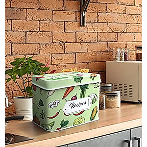 Complete Kitchen Recipe Box Set with 36 Cards, 12 Dividers & Wooden Card Holder | Recipe Card Organizer, Decorative Metal Recipe Tin Set for 4x6 Cards