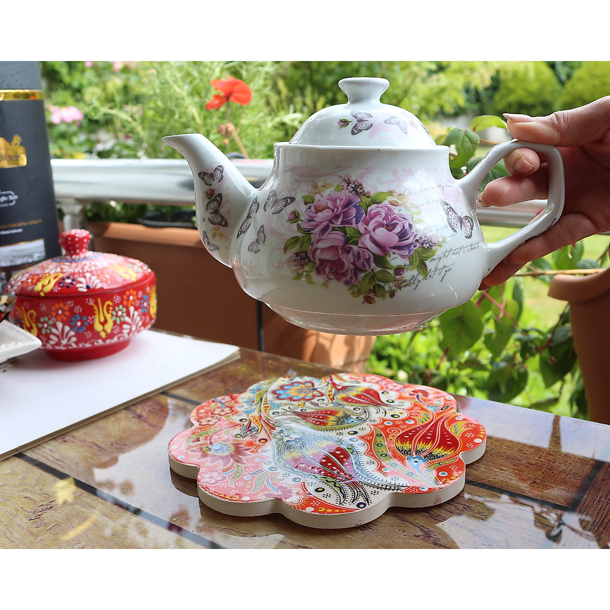 Küchengeräte 18 cm/7" inc Hand Painted Decorative Tulip Patterned Turkish Ceramic Trivet Coaster - Very Stylish - Scratch Proof Heat Resistant & Great Kitchen Home Office Decor - Best Gift Idea