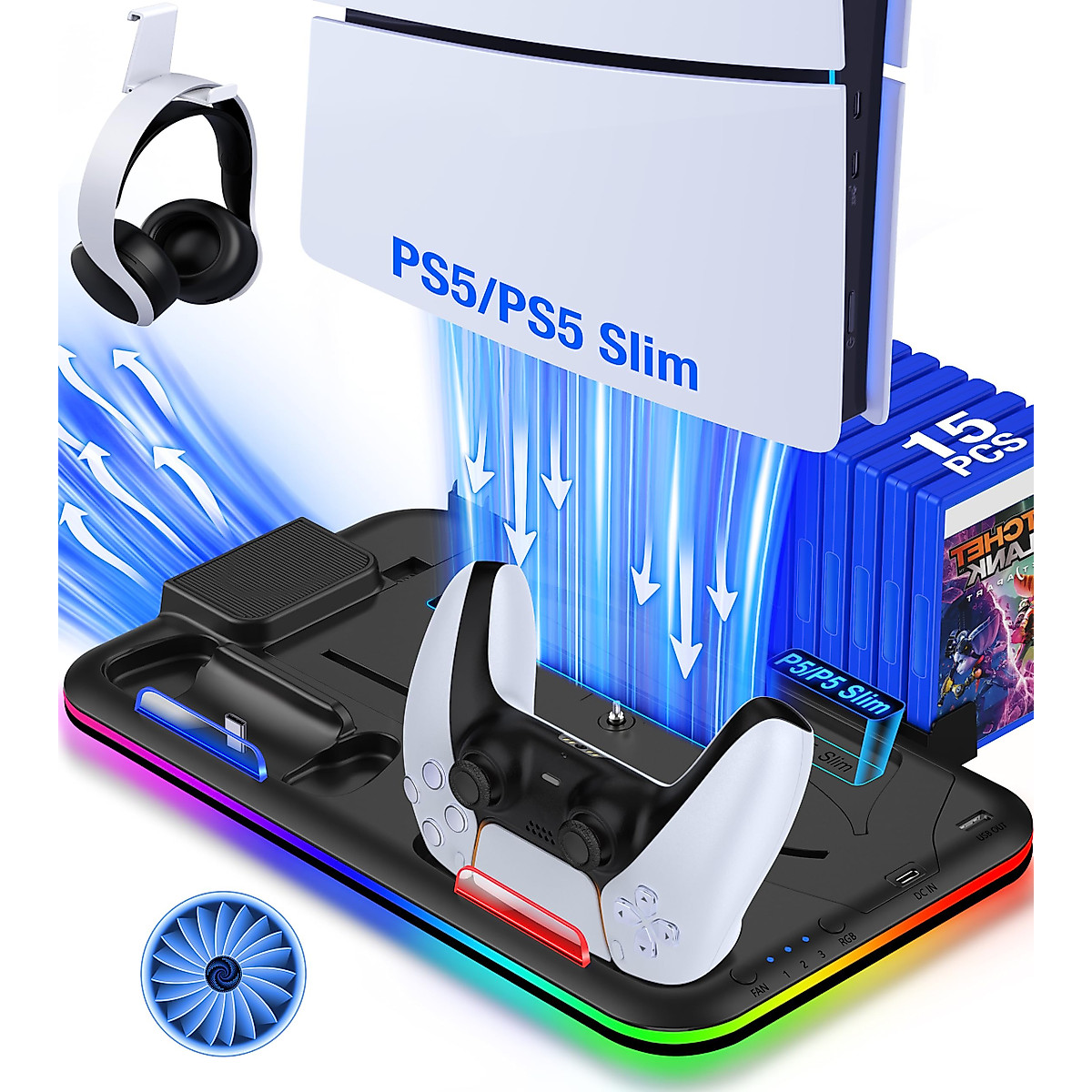 PS5 Slim Stand Cooling Station for Playstation 5 Slim Console Disc/Digital,PS5 Accessories Cooling Stand with 3-Level Cooler Fan,Dual PS5 Controller Charger,RGB Light,Headset Holder,15 Game Slot-Black