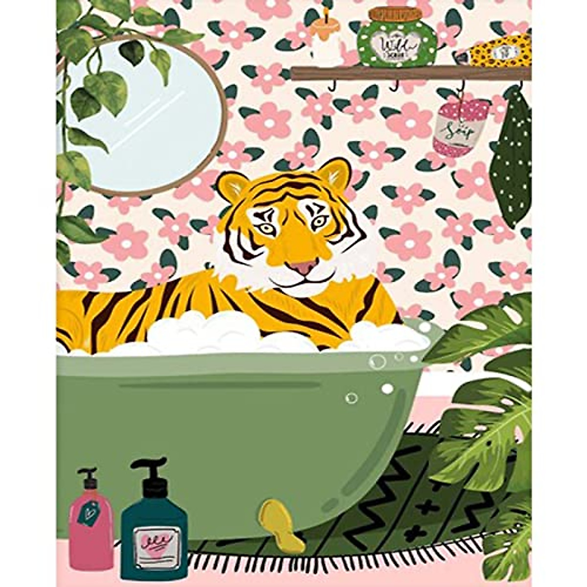 Bathtub Jungle Animal Paint By Bumbers For Adults Beginner Bathroom Tiger DIY Paint by Numbers Acrylic Paint Canvas Pink Flower Bedroom Decor Painting Kits Pink House Art 20x16 Inch （Without Frame ）