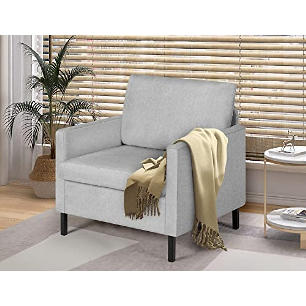 TYBOATLE Modern Upholstered Linen Fabric Accent Arm Chairs, Living Room Single Sofa Chair with Metal Legs, Comfy Reading Lounge Armchair for Small Spaces, Apartment, Bedroom, Office (Light Grey)
