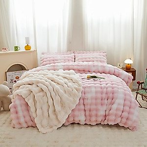 chovy Kids Girls Rabbit Plush Pink White Comforter Sets Twin/Full - 3PC Faux Fur Bed Set Skin Friendly Soft Warm Velvet Flannel Fluffy Fuzzy Bedding（Comforter x 1 Pillowcases x 2）