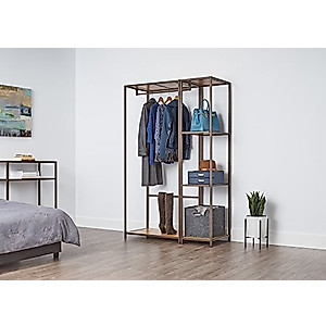Trinity Garment Rack with Bamboo Shelves and 4-Tier Shelf Tower for Clothing Storage, Closet Organization for Home with Decorative Book Shelf and Display Stand, Bronze