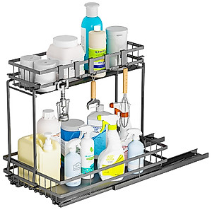 Under Sink Organizers and Storage, MEGAGURU 2-Tier L-Shape Heavy Duty Metal Pull Out Cabinet Organizer for Under Sink Organizer, Multi-Purpose for Under Kitchen Bathroom Sink Organizers and Storage