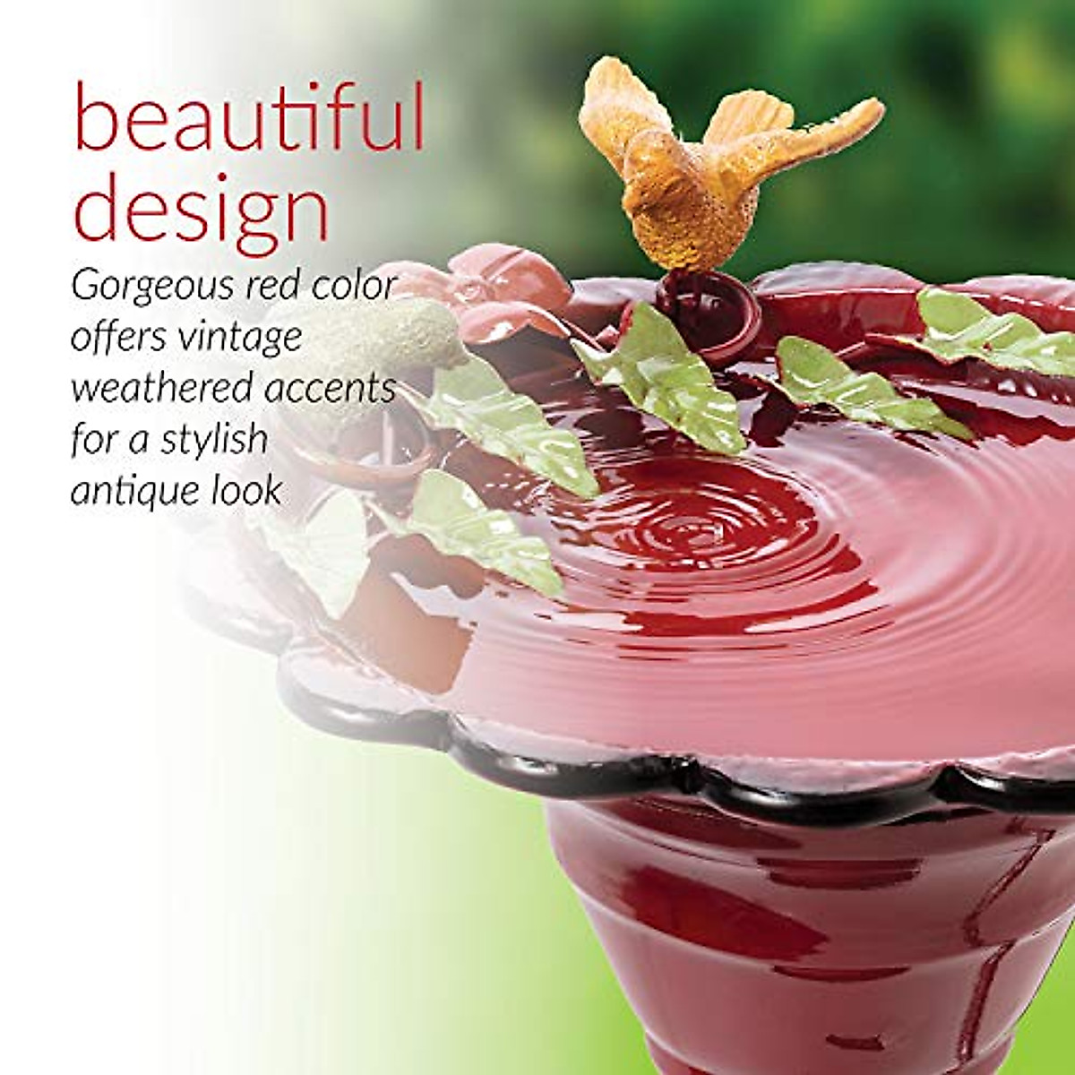 Alpine Corporation 28" Tall Outdoor Metal Birdbath with Birds and Leaves Yard Statue Decoration, Red