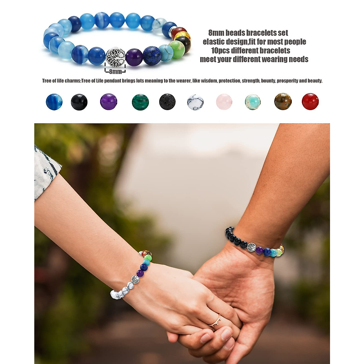 BOMAIL 10Pcs Tree of Life Healing Crystals Bracelet - 7 Chakra Semi Precious Stones Beaded Bracelets Yoga Stress Relief Reiki Stretch Bracelets for Women Men