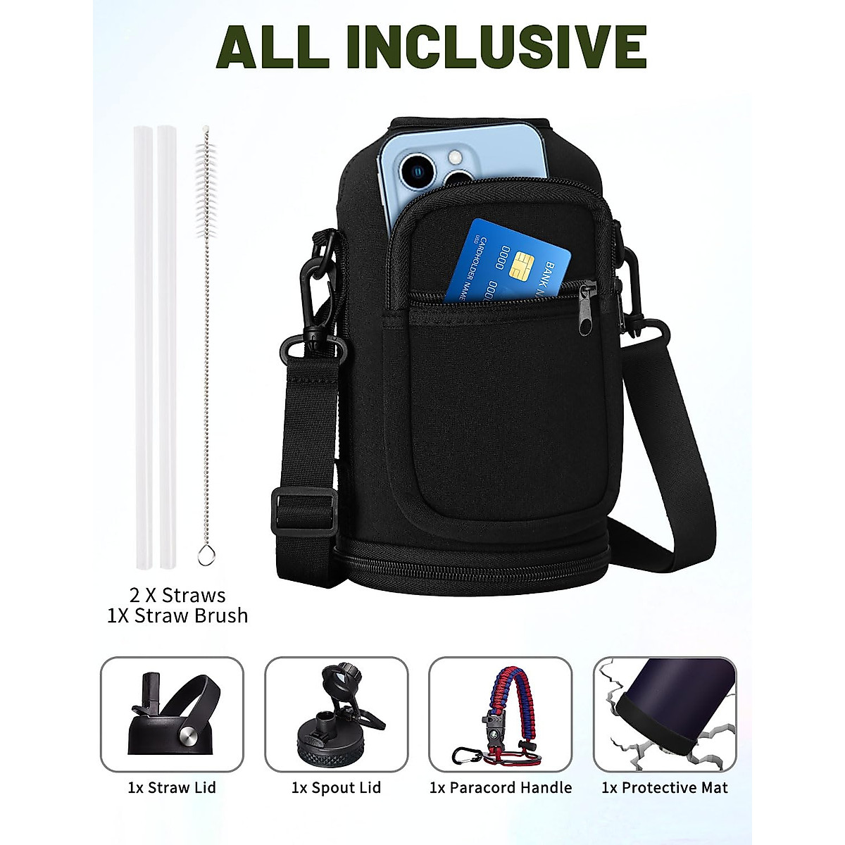 DIGJUPER 64OZ Vacuum Insulated Water Bottle - Keep Hot Cold Vacuum Flasks with Straw & Spout Lids, Paracord Handle, Water Bottler Carrier Holder & Protective Cup Mat, 1.8L Stainless Steel Water Jug